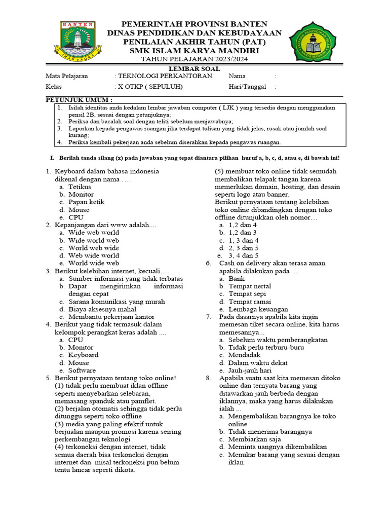 Soal Pat Tek. Perkantoran 10 Otkp | PDF | Komputer
