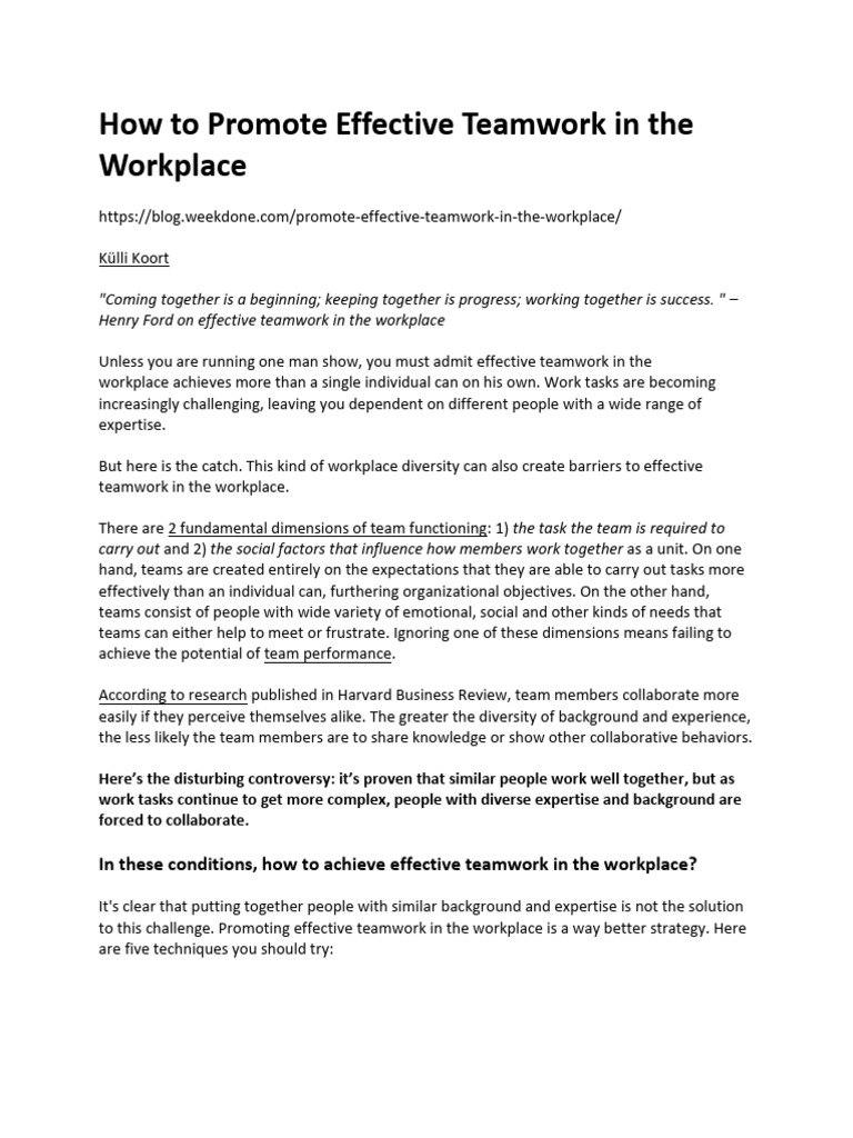 How To Promote Effective Teamwork in The Workplace - Kulli Koort | PDF ...