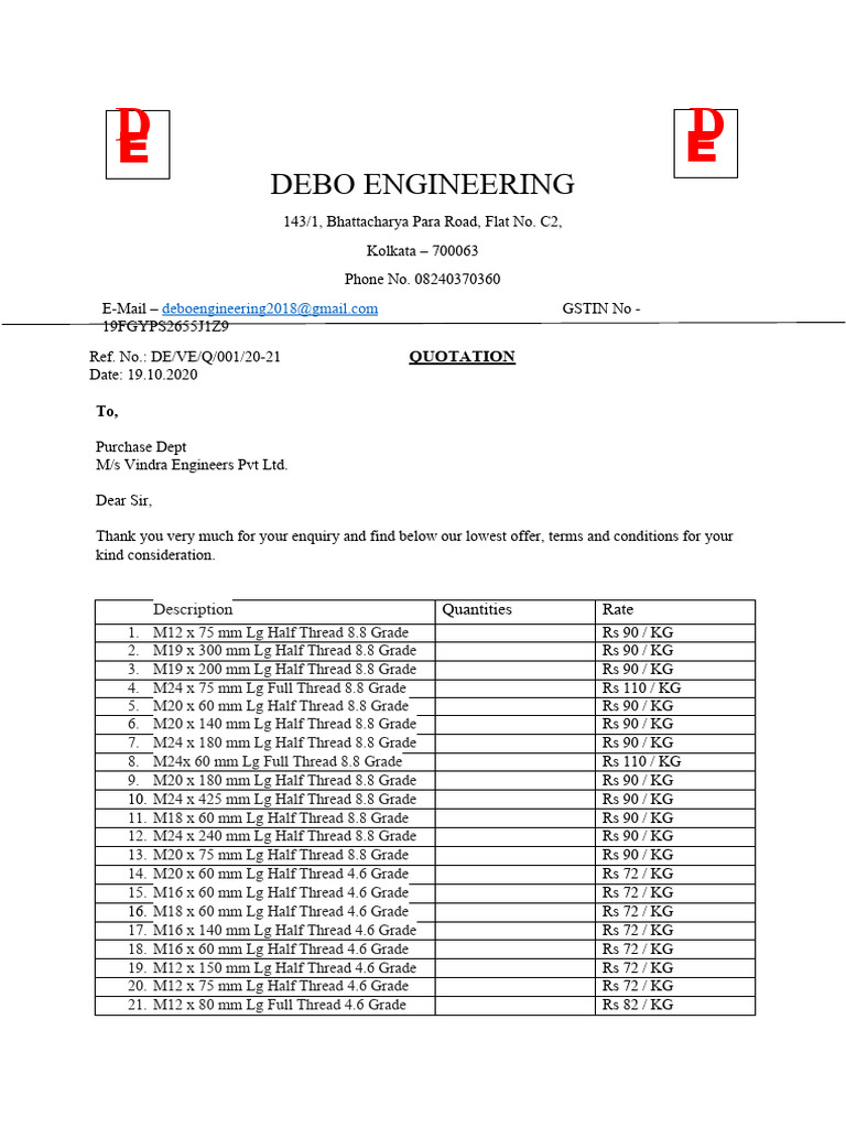 Quotation Debo Engg-001 19-10-20 | PDF