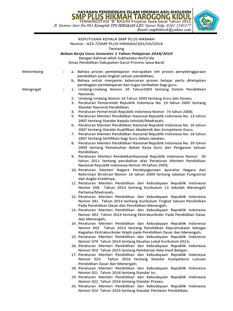 SK Beban Mengajar 2018-2019 Sem1 | PDF