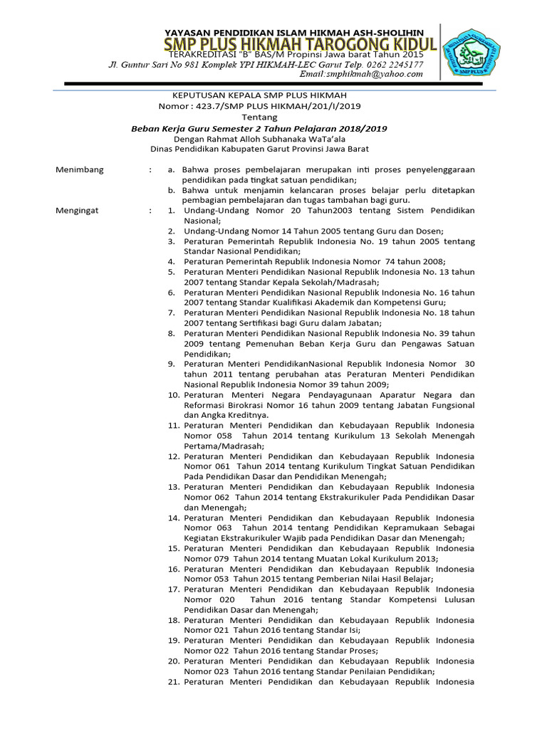 SK Beban Mengajar 2018-2019 Sem2 | PDF