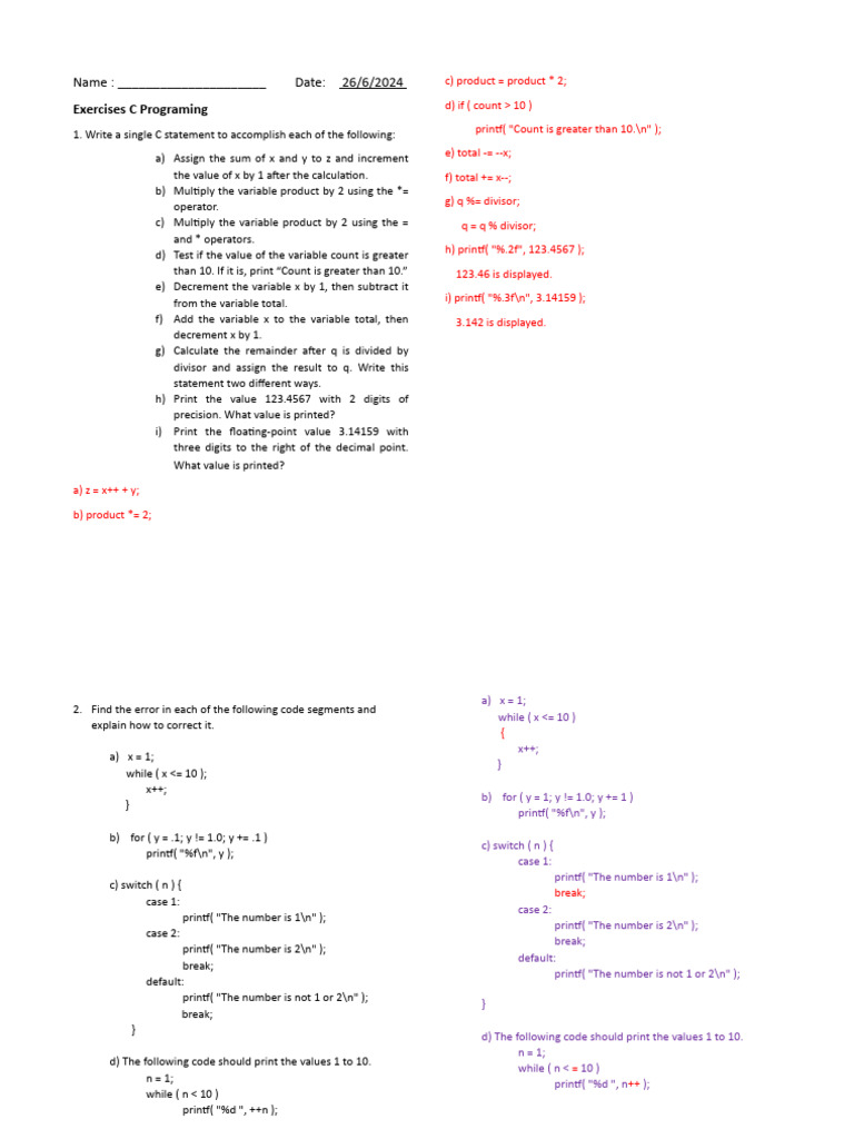Answer Exercises Fundamnetal C Programming | Download Free PDF | Computer Engineering | Computing