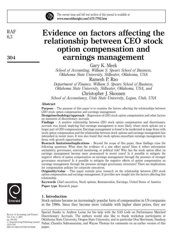 CEO Stock Options and Earnings Management | PDF | Employee Stock Option ...