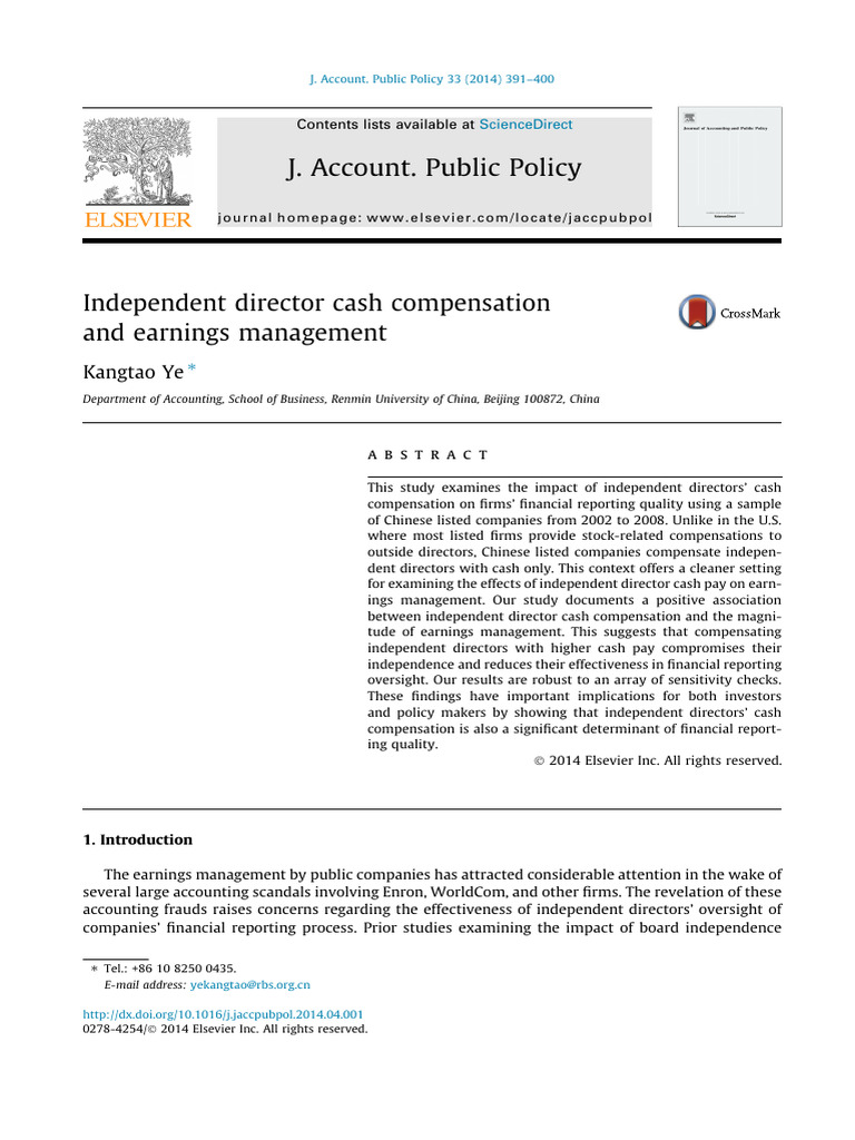 Impact of Cash Compensation on Earnings Management | PDF | Incentive ...
