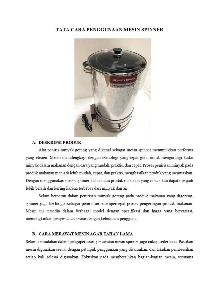 Panduan Penggunaan Mesin Spinner | PDF | Memasak, Makanan, & Anggur ...
