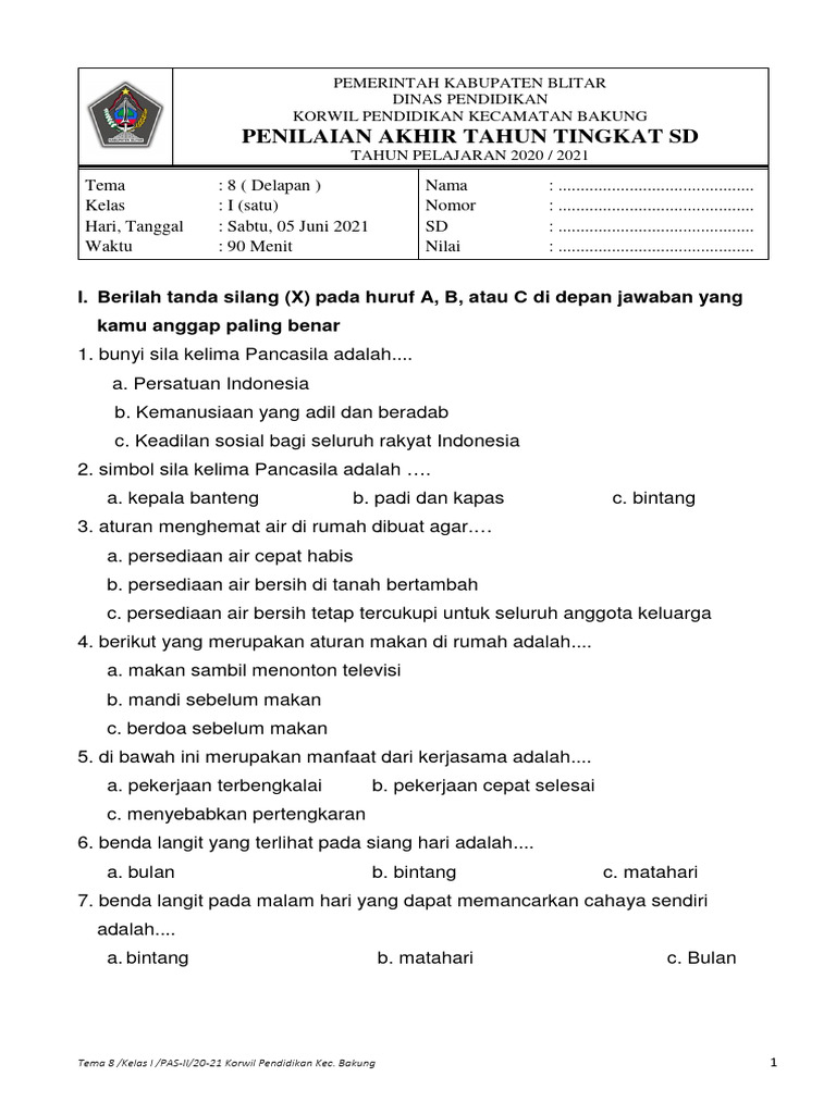 Soal Pat Tema 8 Kelas 1 | PDF