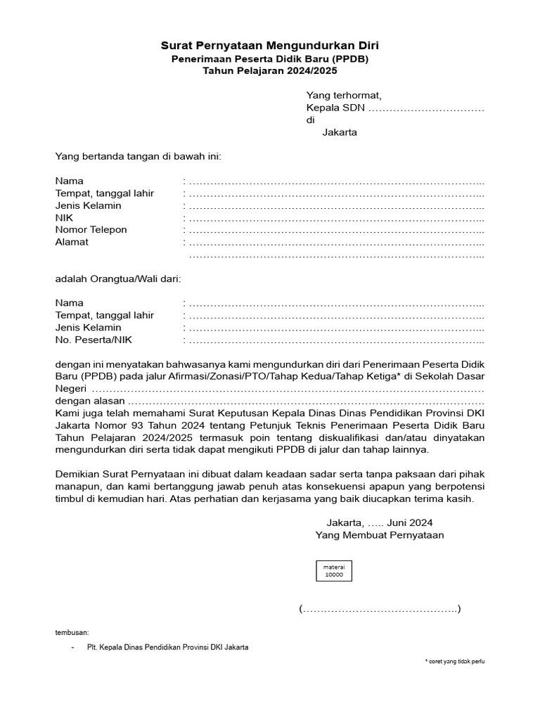Surat Pernyataan Mengundurkan Diri PPDB SD 2024 | PDF