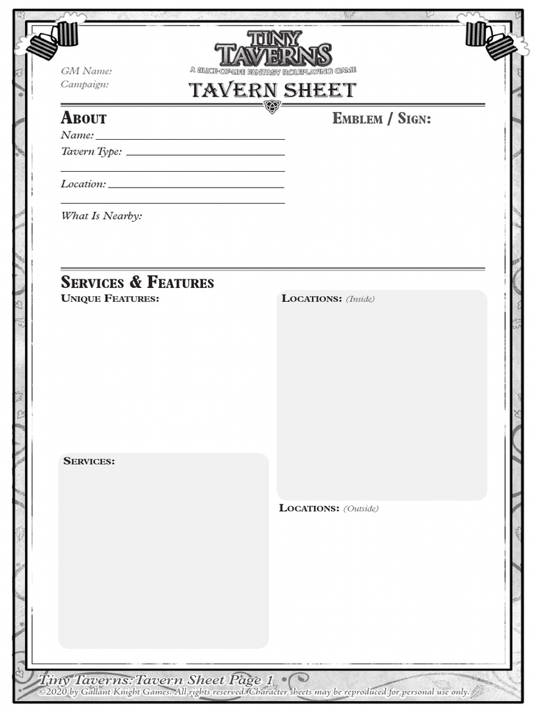 Tiny Taverns RPG Tavern Sheet | PDF | Role Playing Games | Role Playing Video Games