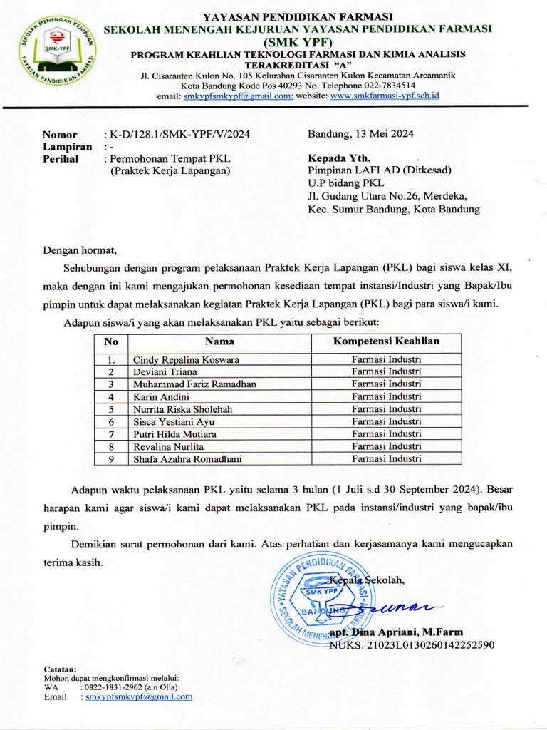 Surat Pengajuan PKL Lafi AD | PDF