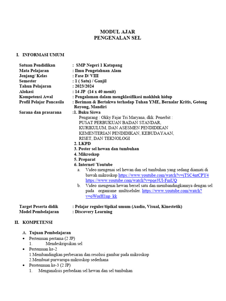 Modul Ajar 1 - Pengenalan Sel | PDF