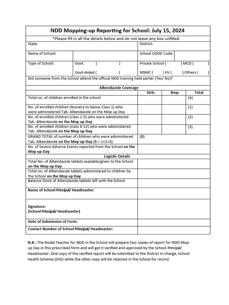 NDD Mopping-Up Reporting Format School - Jul 15, 2024 | PDF | Wellness