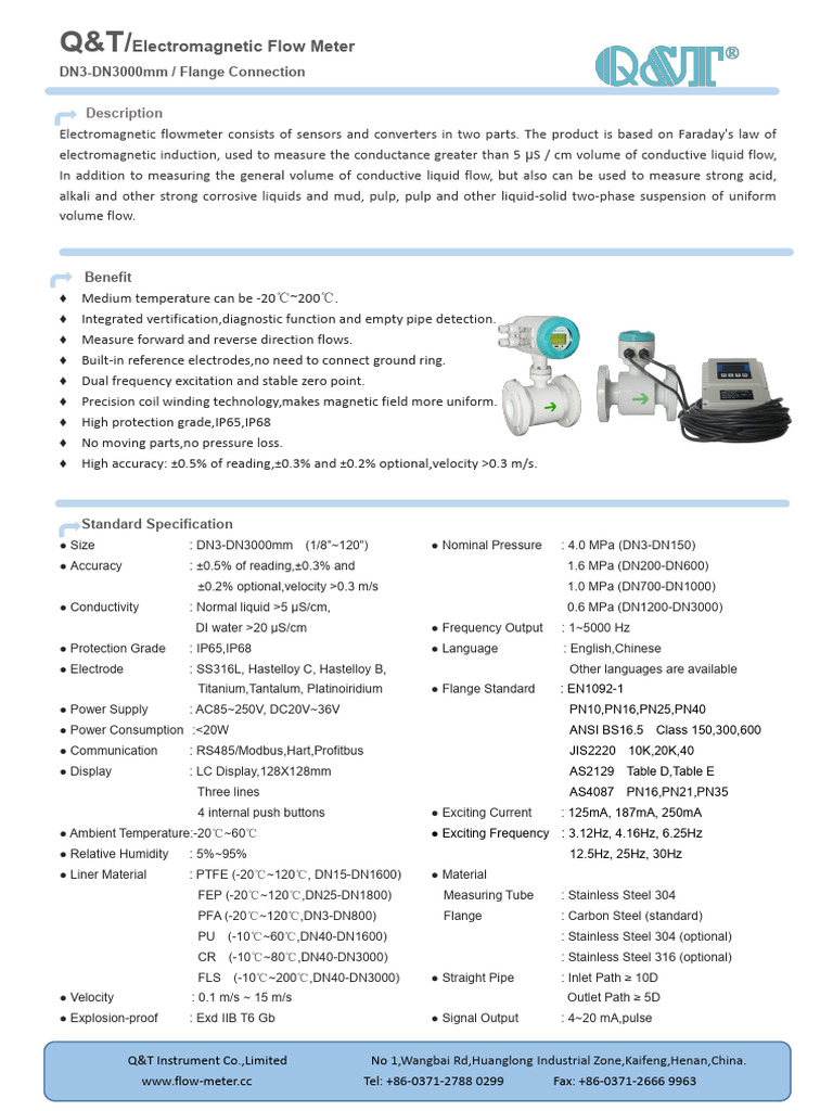 Q&T Flange Magneticflowmeter Catalogue | PDF | Flow Measurement ...