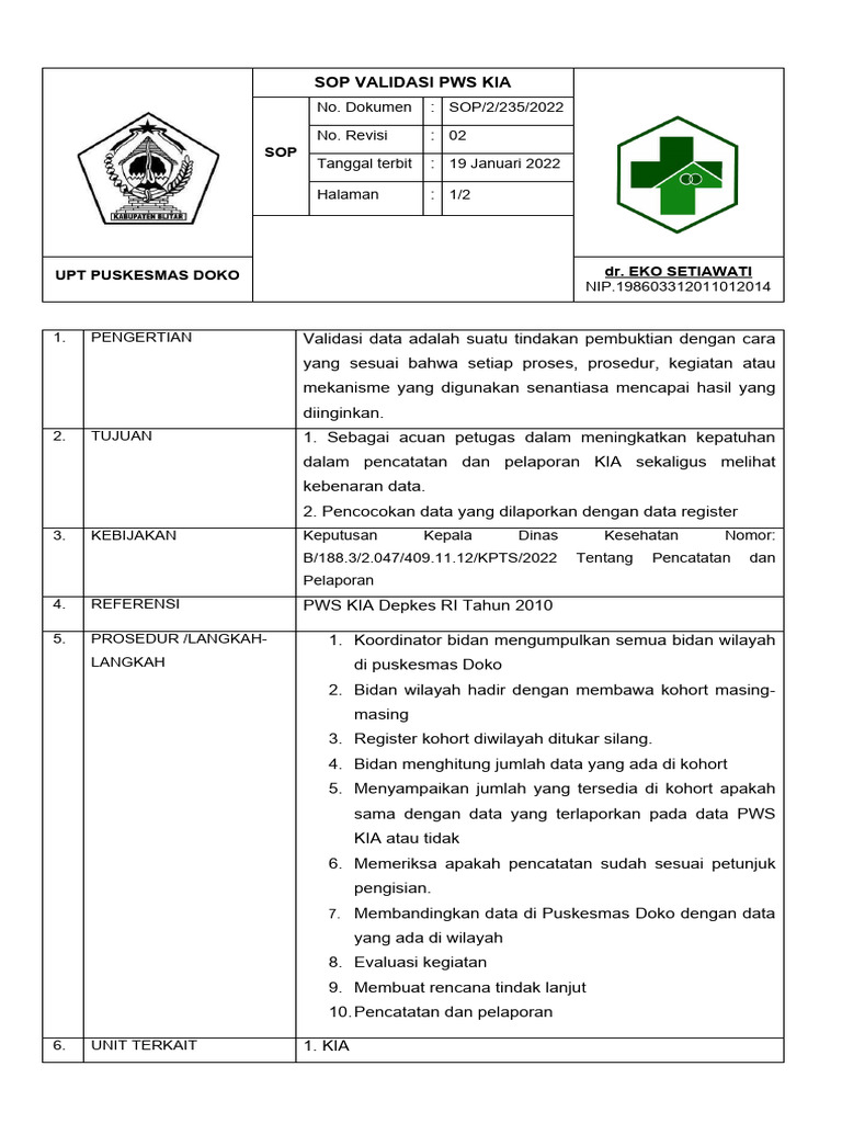 Sop Validasi PWS Kia 1 | PDF | Pengelolaan Keuangan & Uang | Sains & Matematika