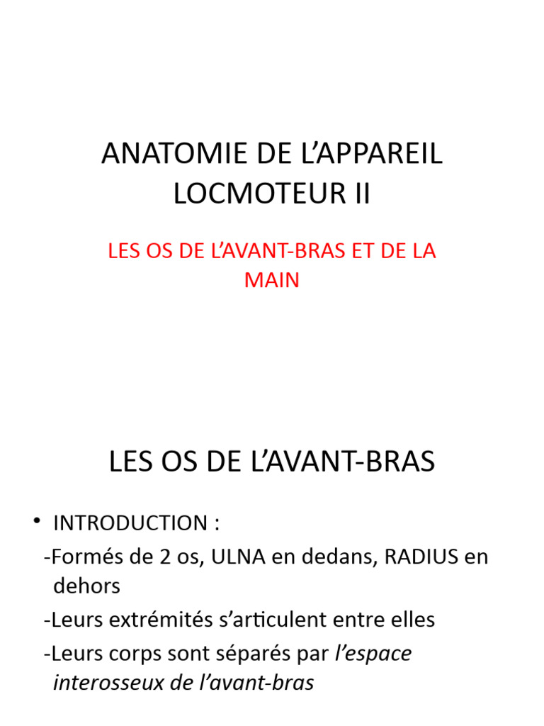 Anatomie de L'appareil Locomoteur II - Les Os de L'avant Bras Et de La ...