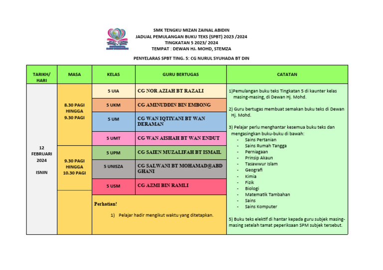 JADUAL PEMULANGAN BUKU TEKS TING 5 2023 | PDF