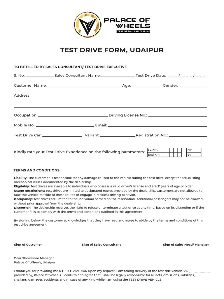 POW Test Drive Form Udaipur | PDF