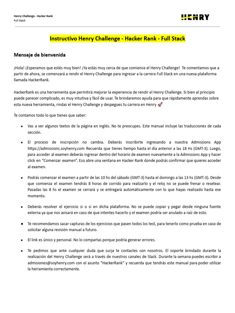 Instructivo Hacker Rank - Henry Challenge Full Stack | PDF
