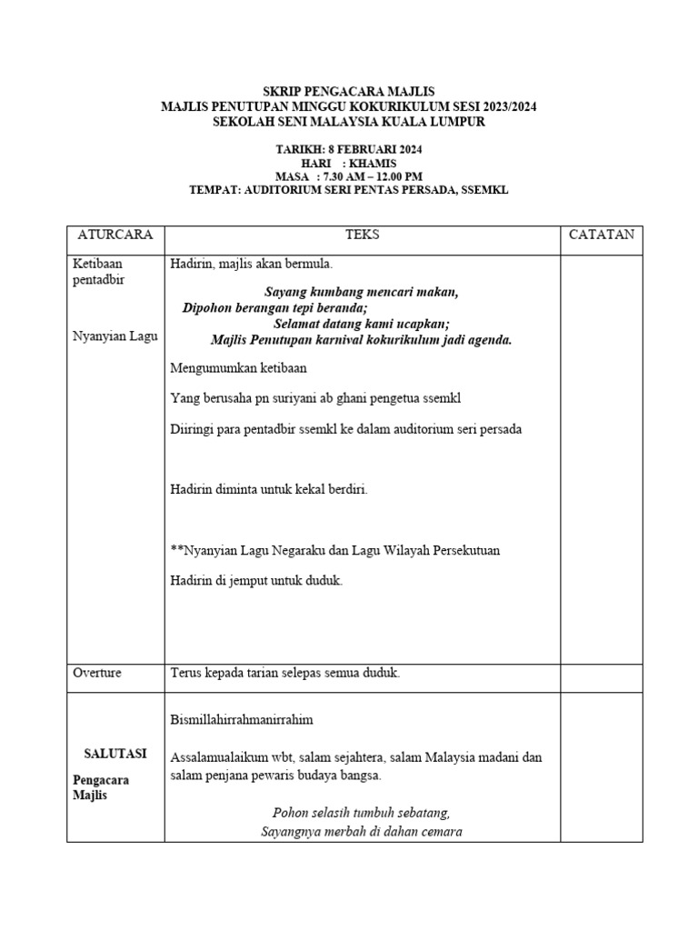 TEKS EMCEE majlis penutup karnival kokurikulum 2023 | PDF