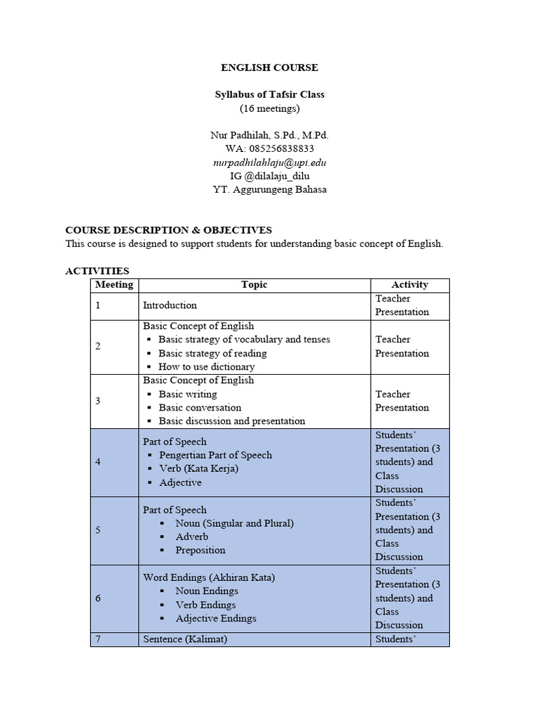 English Course Syllabus | Download Free PDF | Part Of Speech | English ...