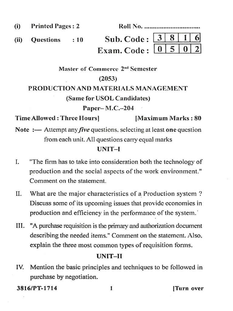 MCom - 2nd Sem - MC 204 - Production and Materials Management - May 2023 | PDF