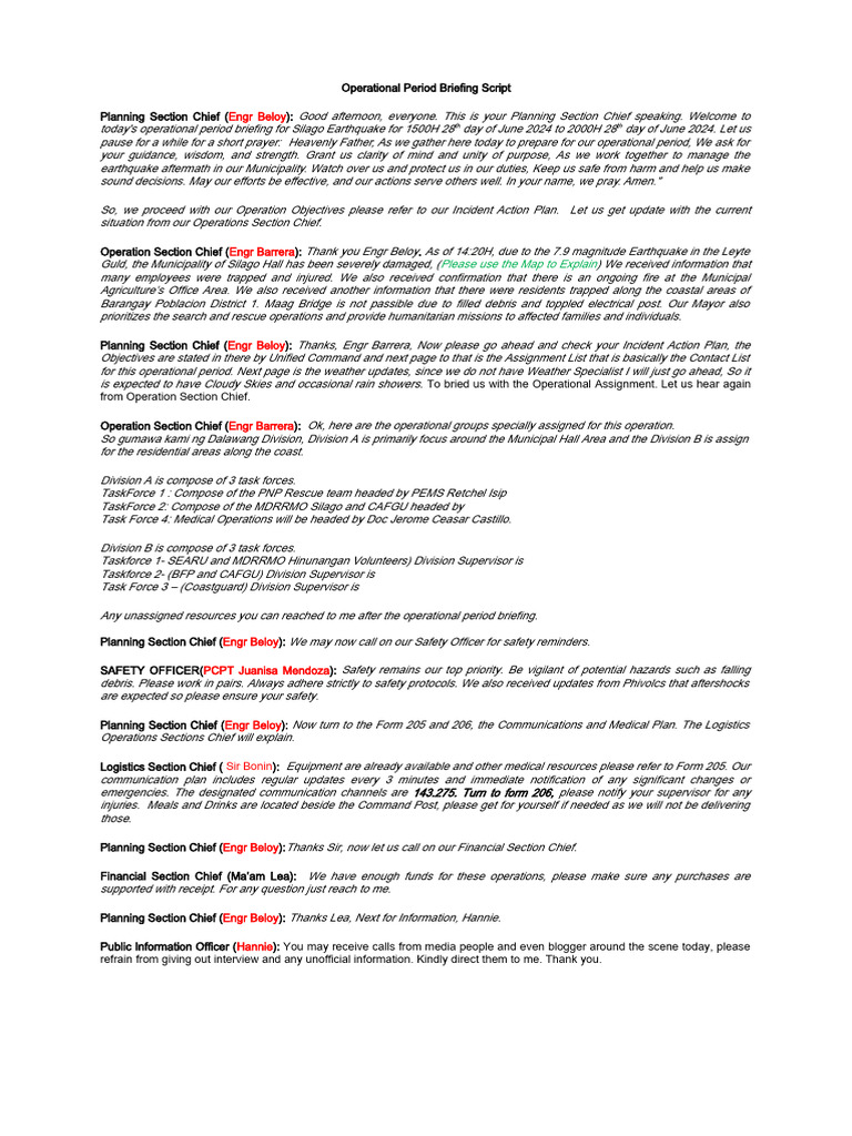 Operational Period Briefing Overview | PDF | Disasters