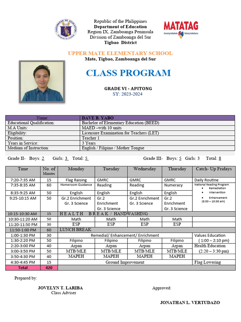 Grade 6 Class Program 2023-2024 | PDF