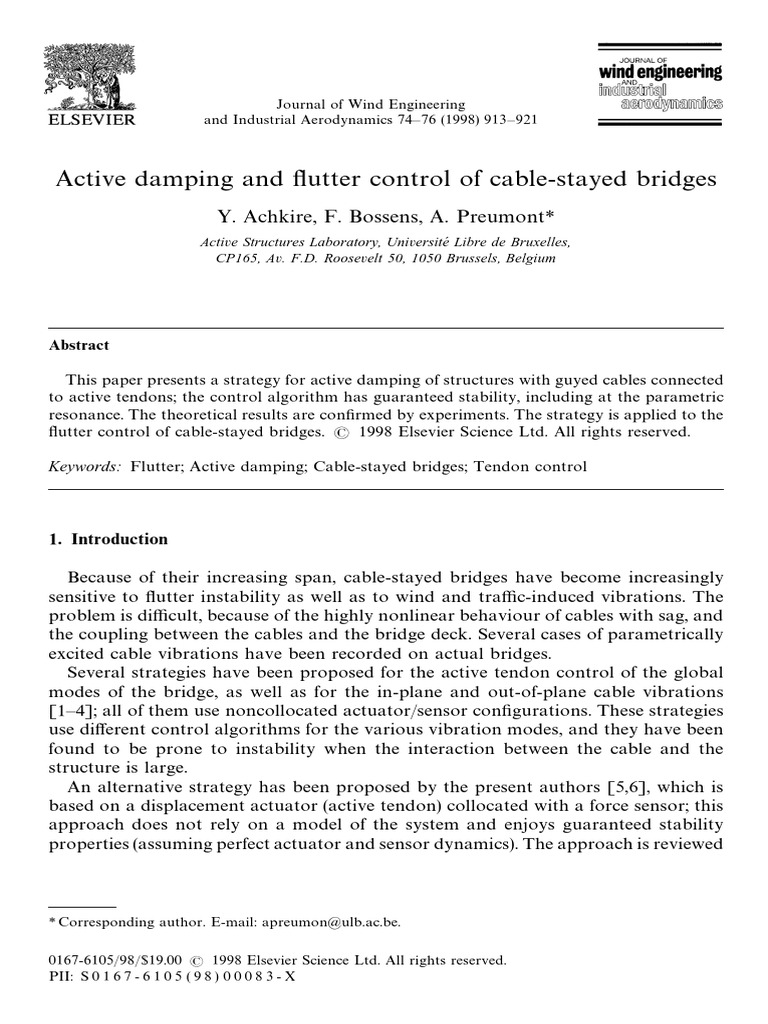 Active Damping and Flutter Control of Cable Stayed Bridges - 1998 - Journal of Wind Engineering ...