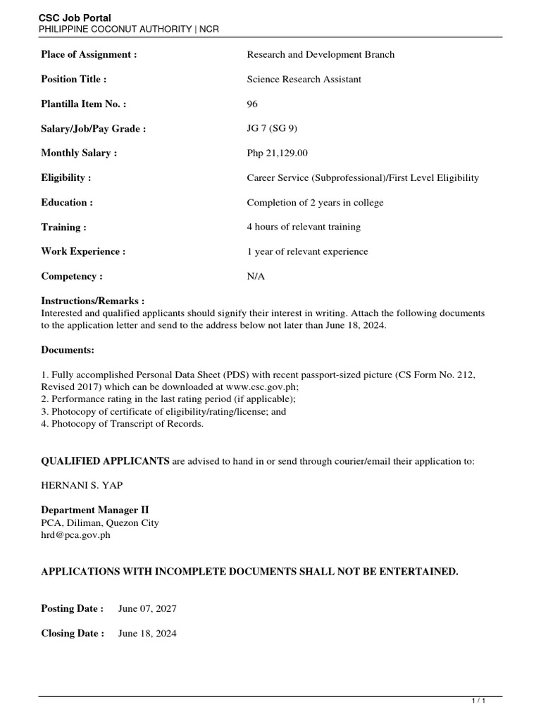 Philippine Coconut Authority Science Research Assistant Pdf