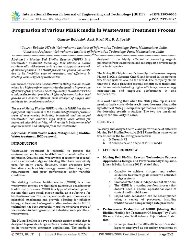 Progression of Various MBBR Media in Was | PDF | Sewage Treatment | Environmental Science