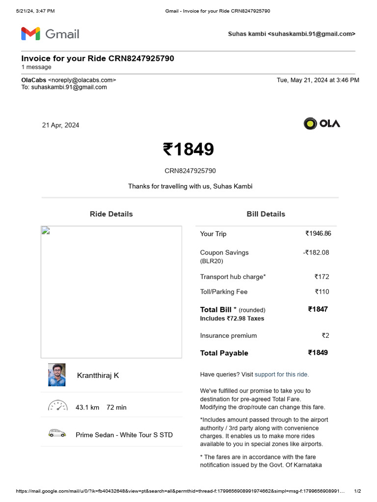 Gmail - Invoice For Your Ride CRN8247925790 | PDF | Fare | Transport