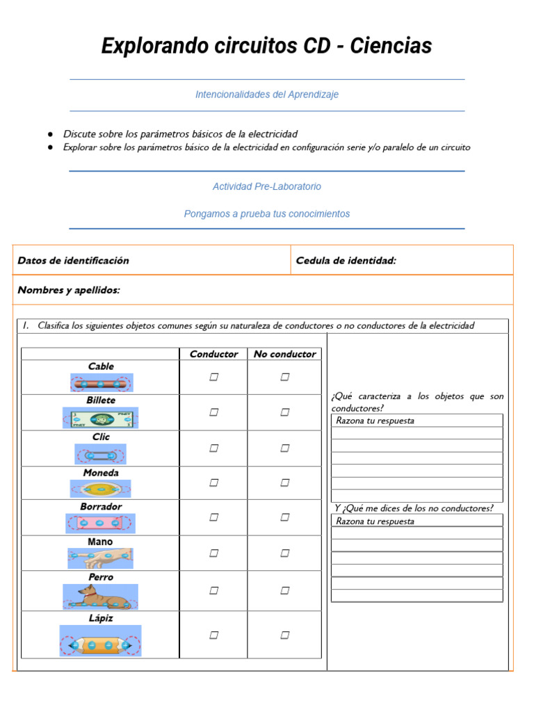 Hoja de Actividades Explorando Circuitos CD | PDF | Resistencia Eléctrica y Conductancia ...