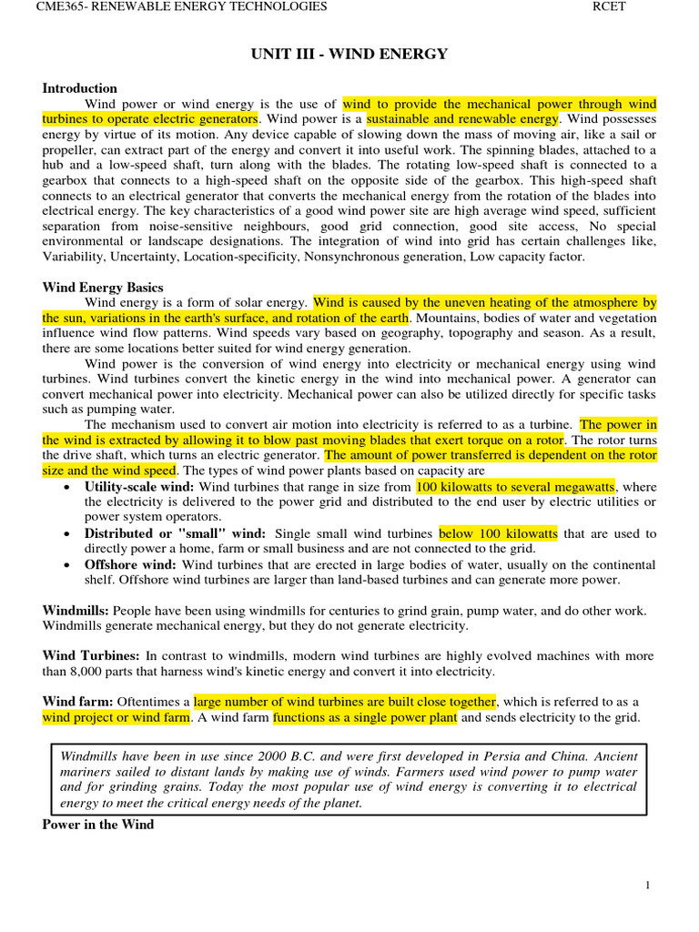 Unit 3 - Wind Energy Notes NEW | PDF | Wind Turbine | Atmospheric ...