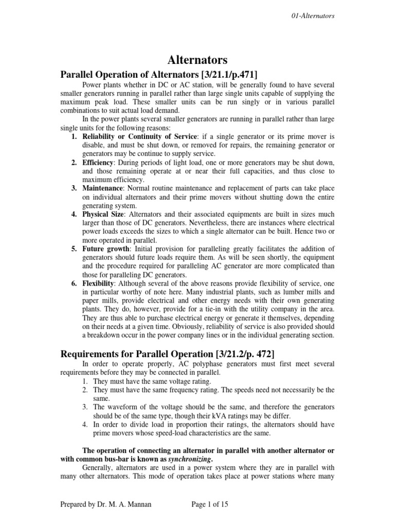 01 Alternators 1 Pdf Electric Generator Power Station