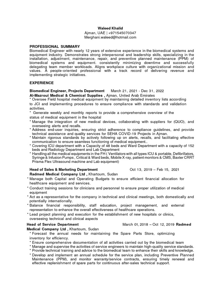 Waleed CV | PDF | Medical Device | Biomedical Engineering