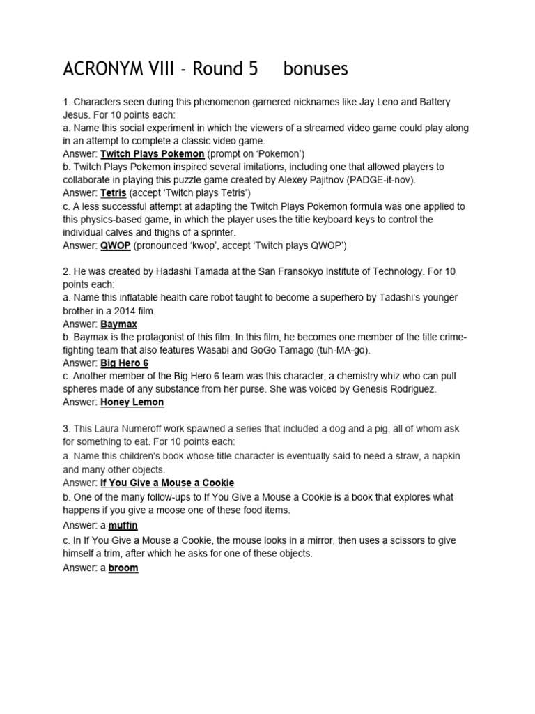 Trivia Questions from ACRONYM VIII Round 5 | PDF