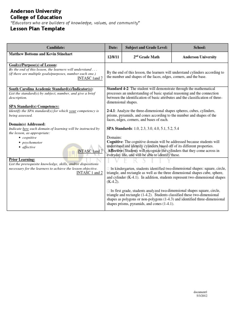 Cylinders Lesson Plan | PDF | Shape | Educational Assessment