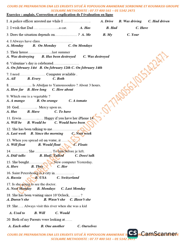 exercice anglais en ligne, correction et explication_121117 | PDF