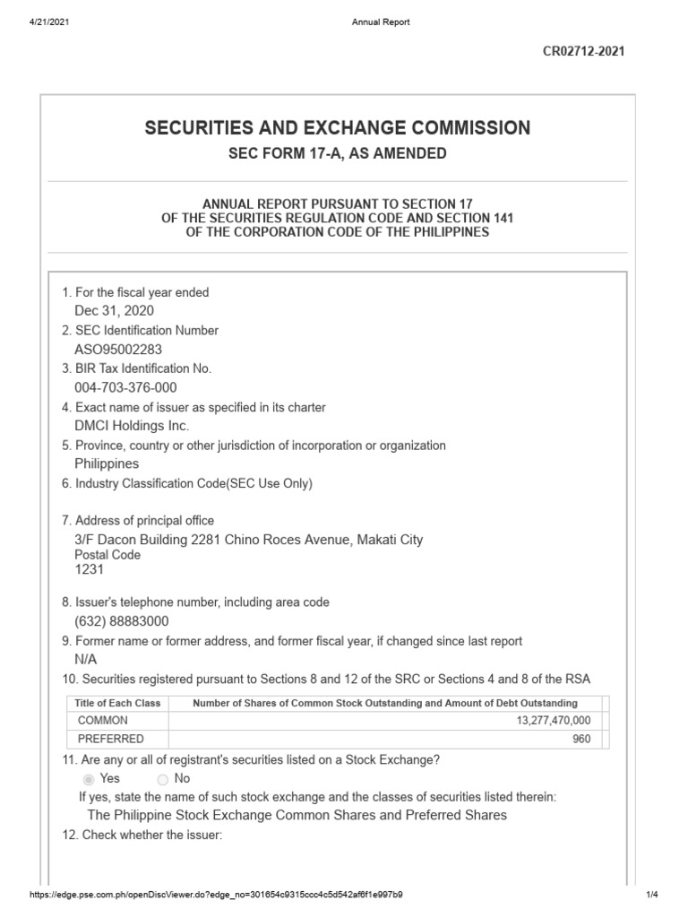 Dmcihi - 038 Sec Form 17-A Dec - 2020 - 21april | PDF | Securities ...