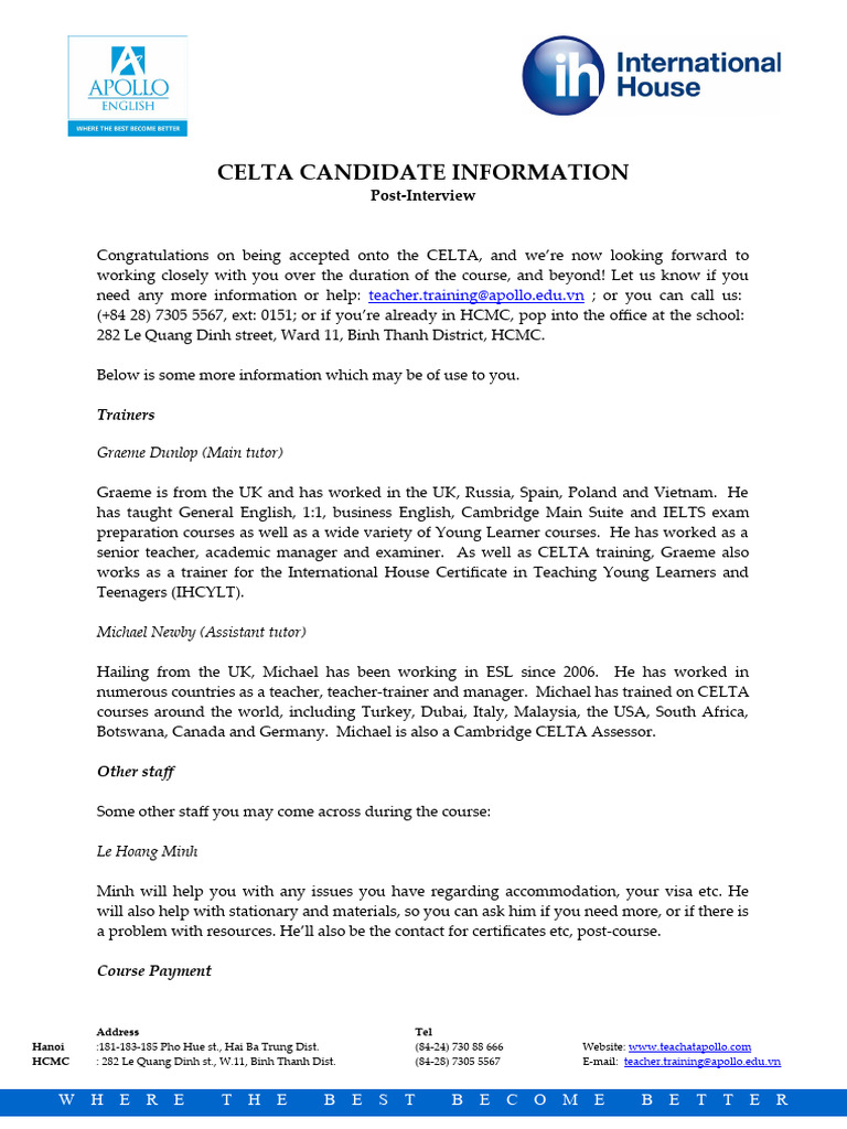 CELTA HCM Candidate Info Post Interview August 2019 | PDF | Hanoi