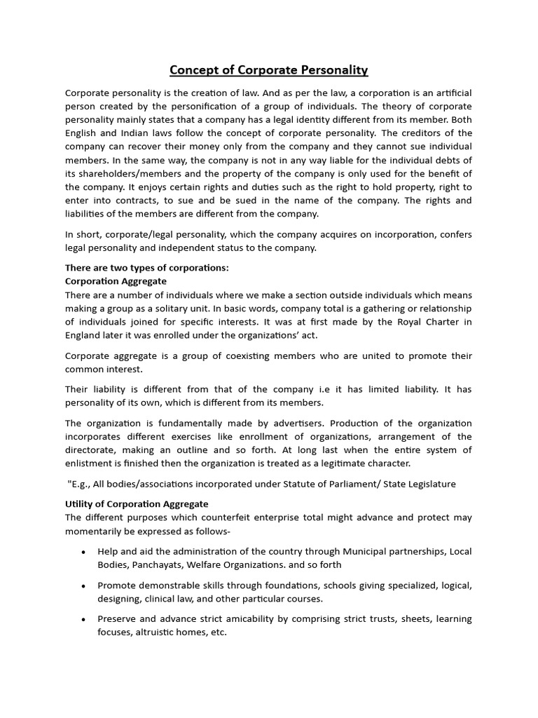 Concept of Corporate Personality | PDF | Limited Liability | Corporations