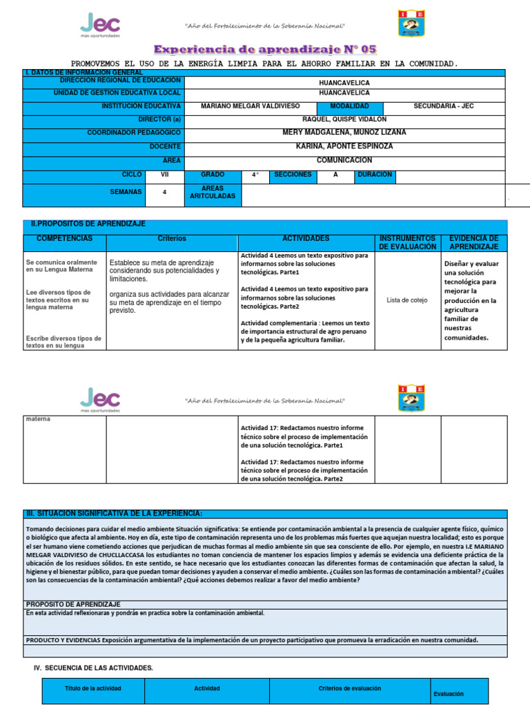 Experiencia de Aprendizaje 5 Comunuicacion 4a | PDF | Evaluación | Aprendizaje