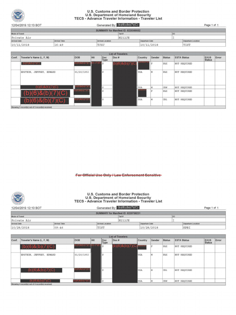 Epstein Travel Manifest Summary | PDF | U.S. Customs And Border ...