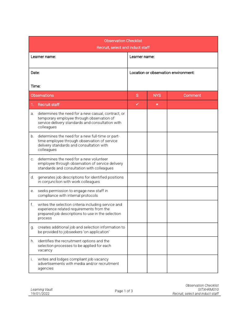 SITXHRM010 Observation Checklist.p | Download Free PDF | Employment ...