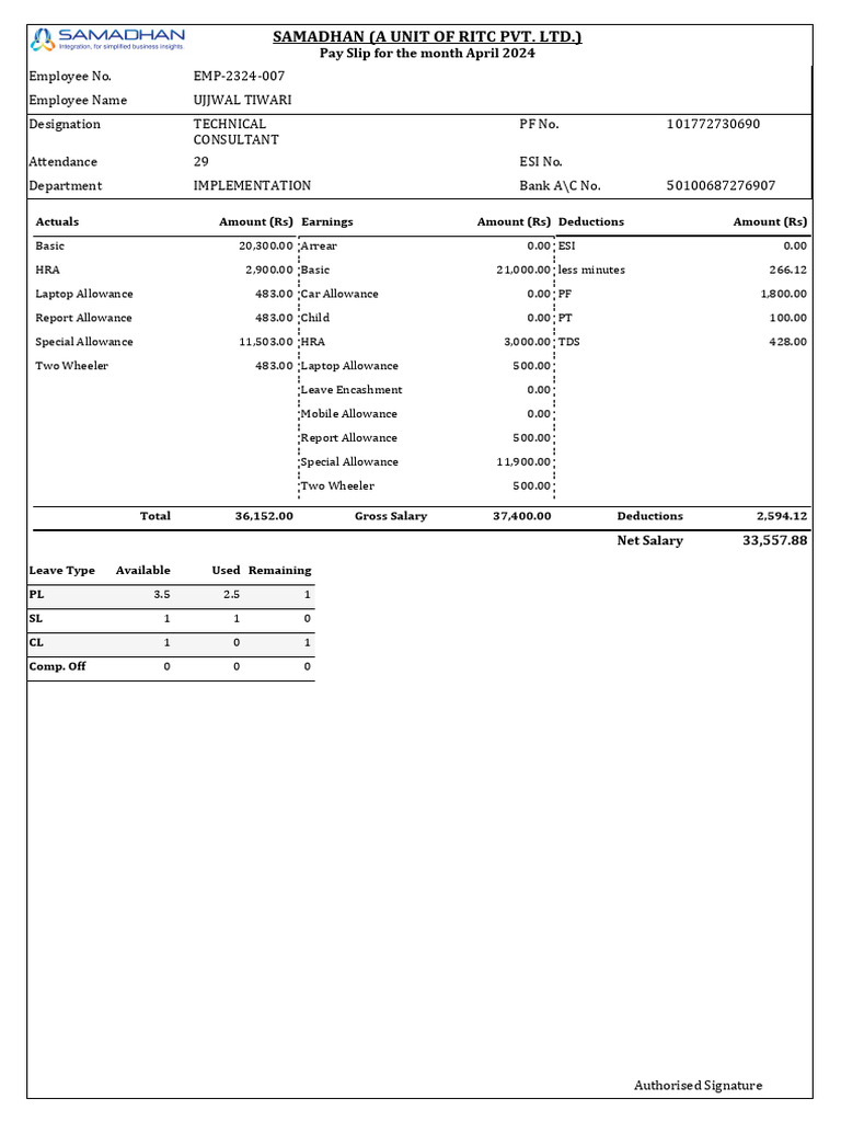 Samadhan Salary Slip | PDF | Employment Compensation | Employee Relations