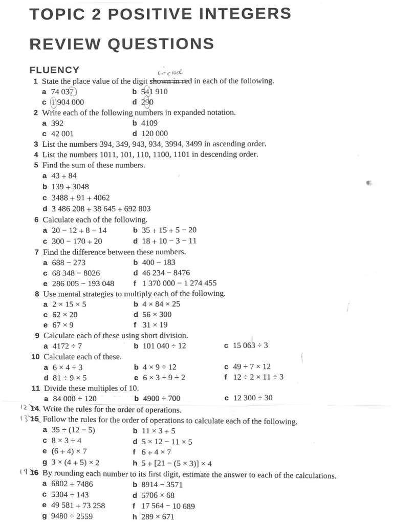 Year 7 Maths Revision Positive Integers Sheet 2 | PDF
