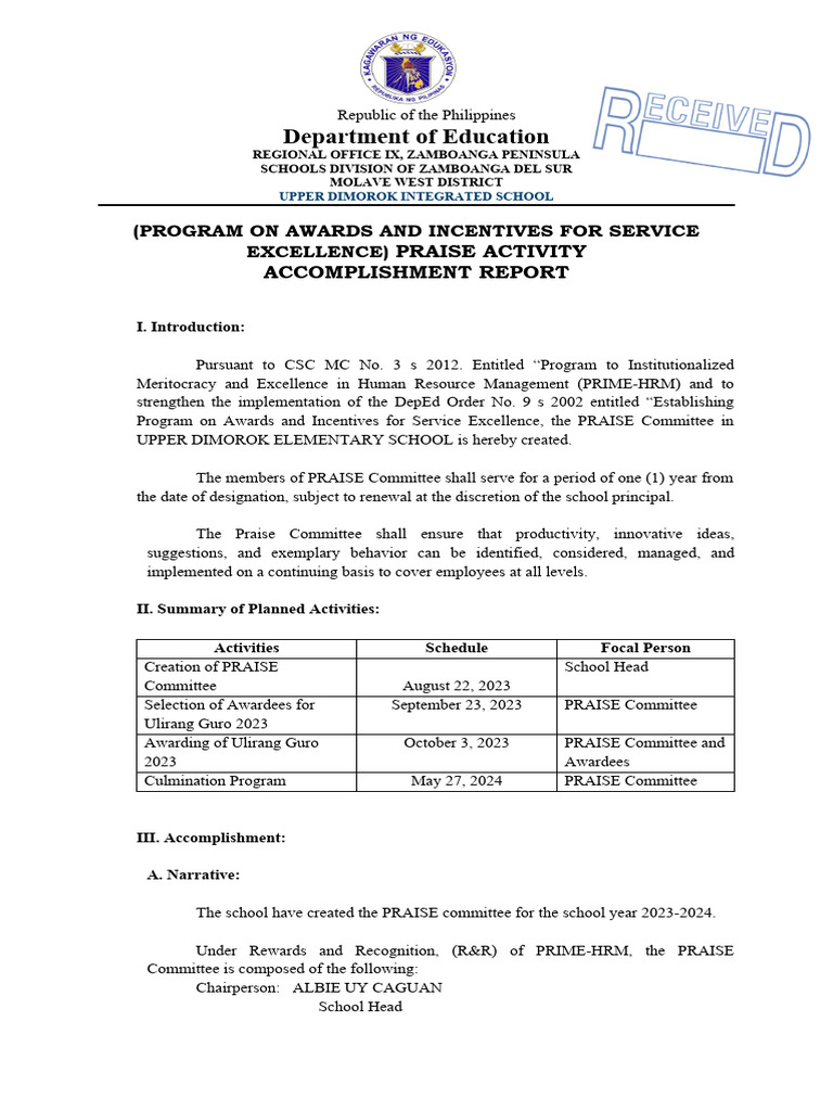 PRAISE Activity Accomplishment Report 2023 | PDF | Social Psychology