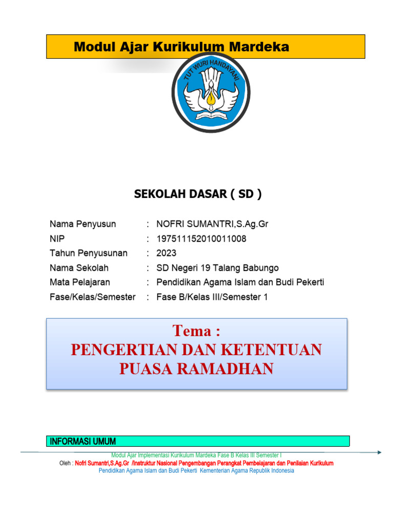 Modul Ajar Kelas 3 Bab 4 Pengertian Dan Ketentuan Puasa Ramadhan | PDF