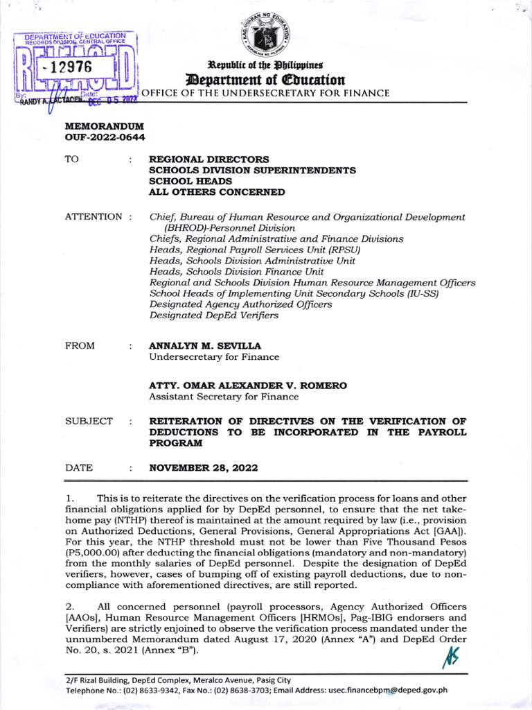 Memo OUF-2022-0644 - Reiteration of Directives On Verification | PDF ...