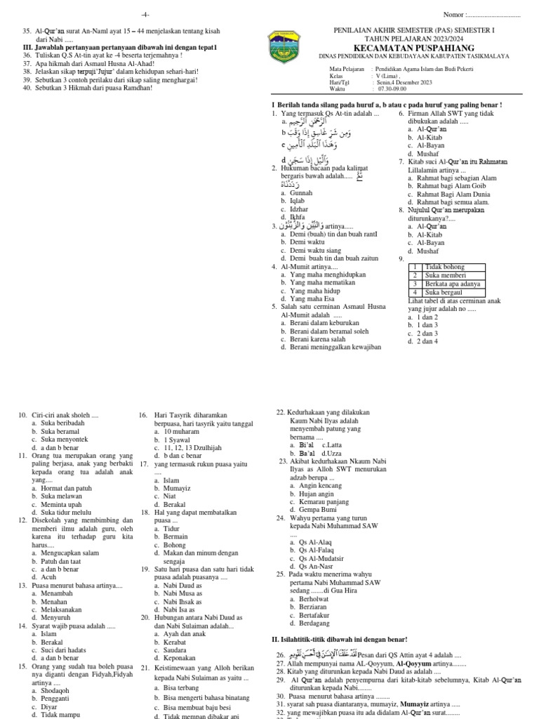 Soal Pas Pai Kelas 5 SMT 1 Revisi | PDF