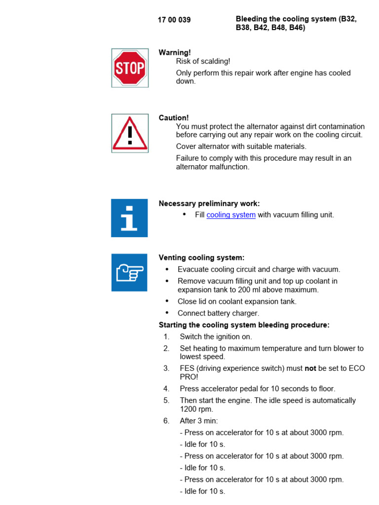 17 00 039 Bleeding The Cooling System (B32, B38, B42, B48, B46) | PDF | Throttle | Thermostat